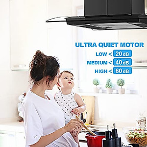 30 Inch Island Range Hood, thermomate 350 CFM Black Stainless Steel Stove Vent Hood with 4 LED Lights, 3 Speed Exhaust Fan with Touch Control, Ducted/Ductless Convertible, ETL Certified