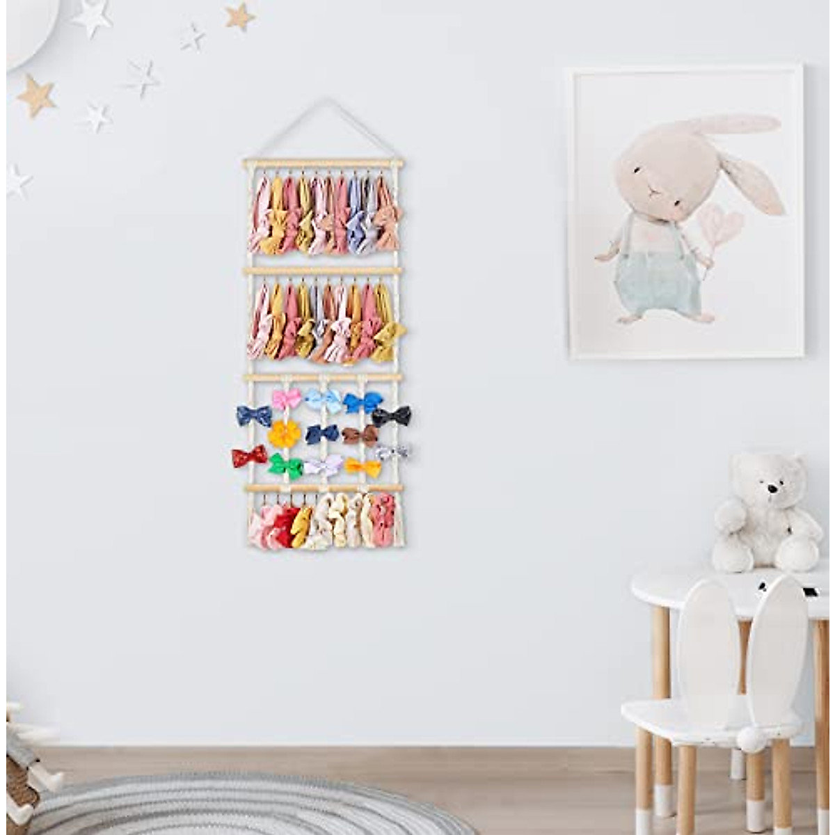 Dahey Headband Holder Bow Hanger for Girls Hair Bows, Macrame Headbands Hair Accessories Hanger Necklace Display with 30 Hooks Wall Hanging Over Door Organizer Boho Nursery Decor for Baby'S Room