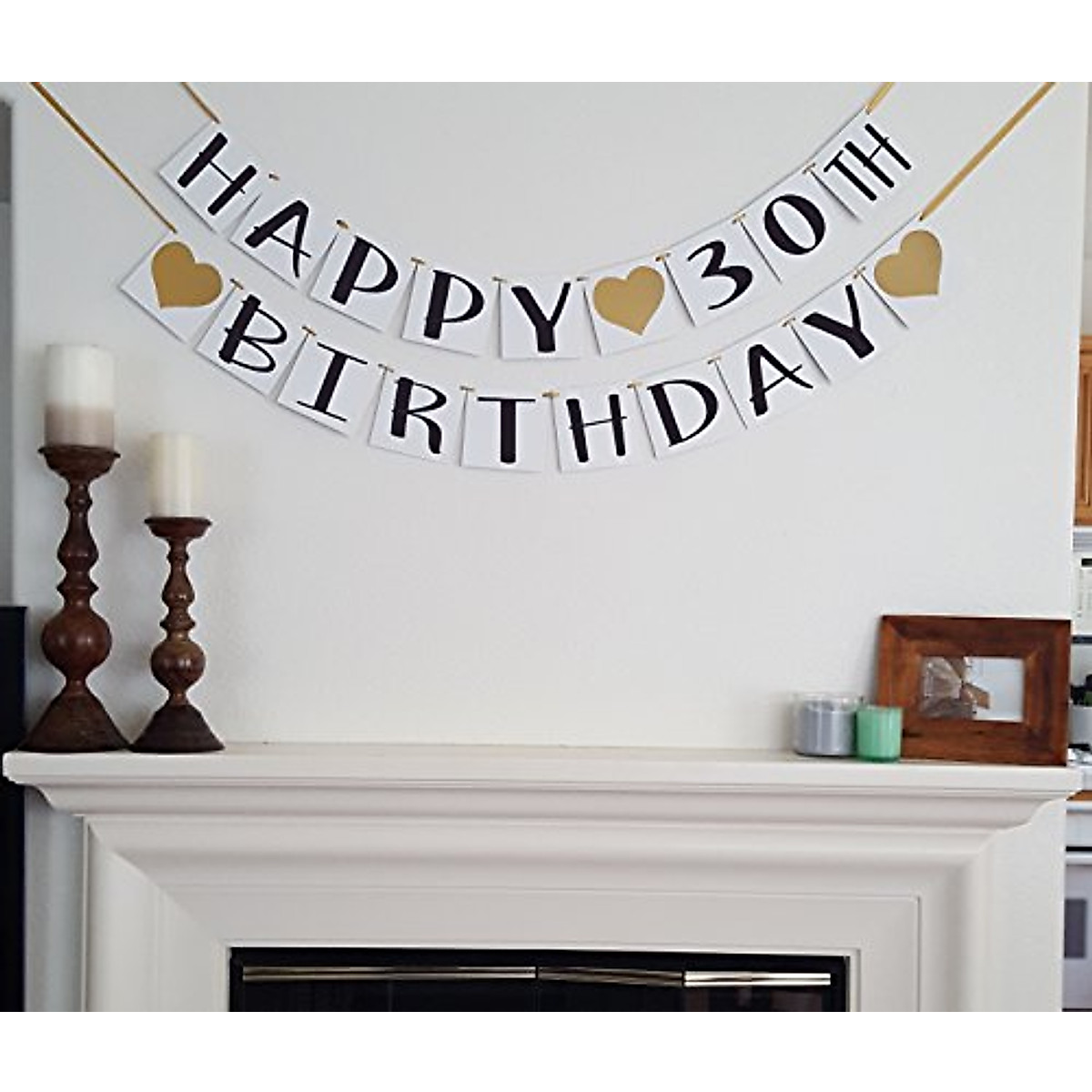 Happy 30th Birthday Banner - Gold Hearts and Ribbon - Birthday Decorations
