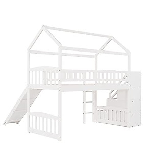 Harper & Bright Designs House Bed Loft Bed with Slide, Twin Loft Bed with Stairs and Storage, Wood Loft Bed Frame for Kids & Girls & Boys (White)