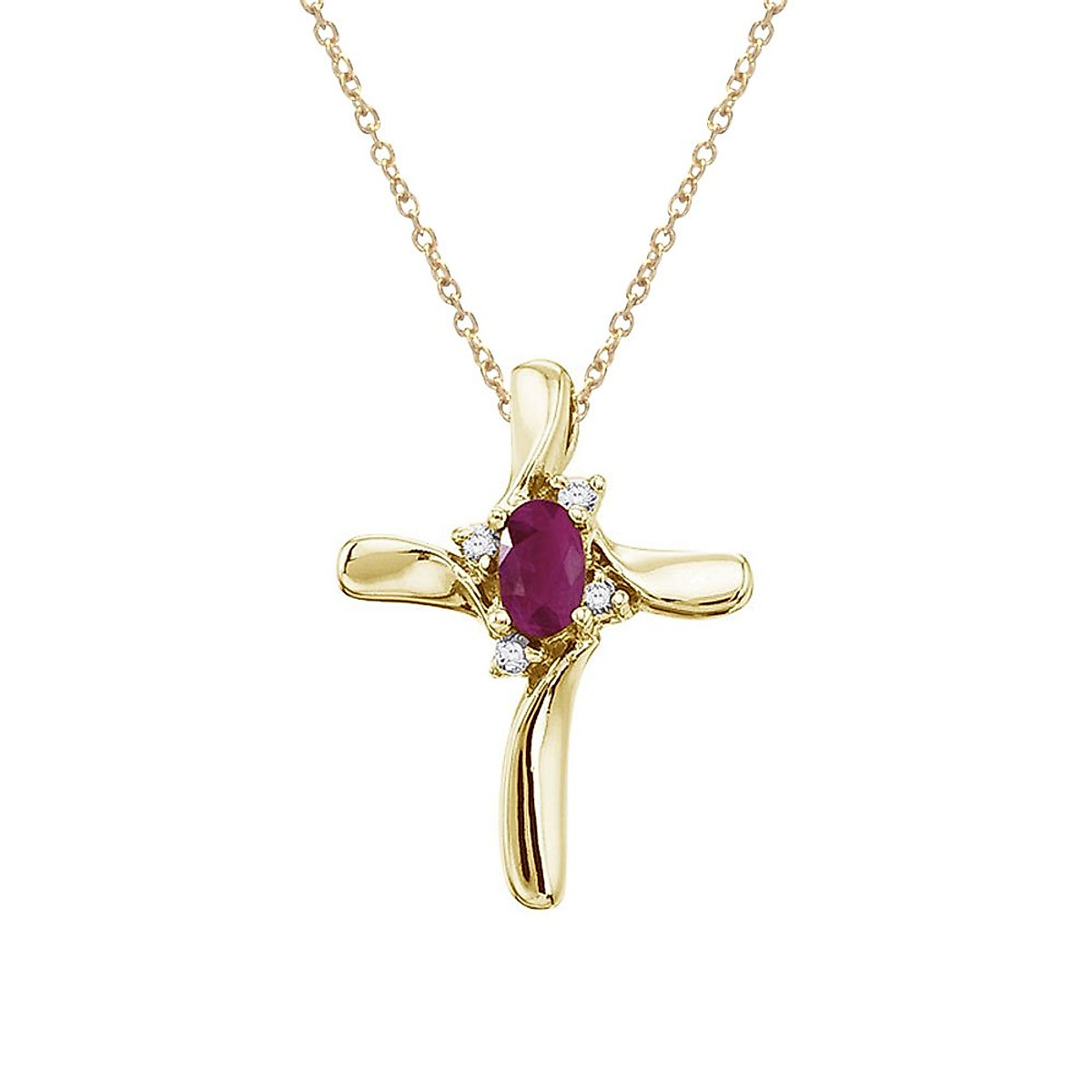 14K Yellow Gold Ruby and Diamond Cross Pendant with 18" Chain