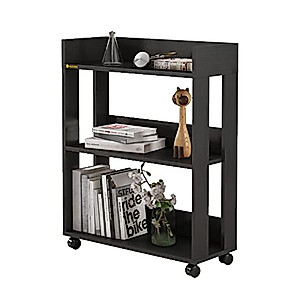 ALISENED Small Bookshelf and Bookcase, 3 Tier Wood Nightstand with Wheels, Modern Bedside End Table with Storage Rack for Bedroom, Library, Living Room, Home, Office Cart, Black