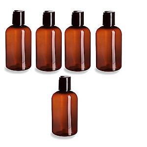 Natural Farms 5 Pack - 4 oz – Empty Squeeze Plastic Bottle - Amber Boston with Black Flip Top - for Essential Oils, Perfumes, Cleaning Products