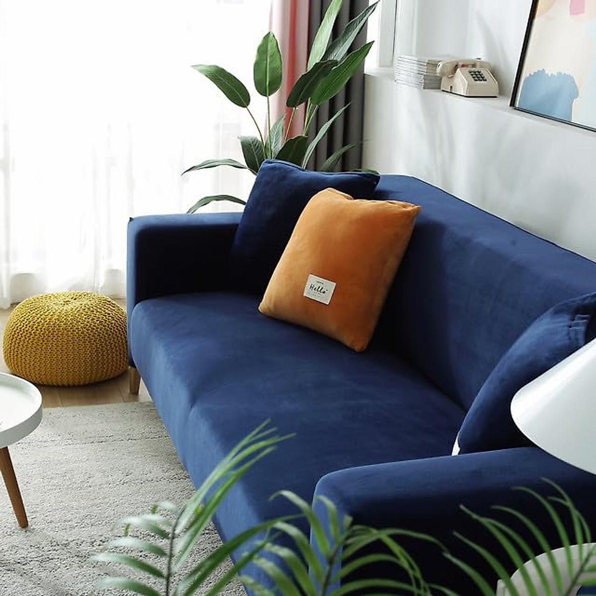 EURHOWING Stretch Velvet Sofa Cover for 4-Seaters Sofa,Anti-Slip Soft Couch Cover Sofa Slipcover w Pillowcase,Washable Furniture Protector with Anti-Skid Foam and Elastic Bottom,Navy Blue