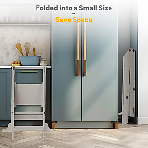 Toddler Tower Foldable, Kitchen Step Stool Helper with Safety Railing & 3 Adjustable Heights, Standing Tower with Double-Sided Drawing Board, Montessori Kitchen Tower for Toddlers/Kids Learning (Grey)