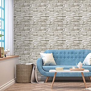 WENMER Beige Stone Peel and Stick Wallpaper 17.7" x 118" 3D Wallpaper Faux Brick Wallpaper Textured Stone Wall Paper Brick Self Adhesive Removable Wallpaper for Kitchen Backsplash Walls