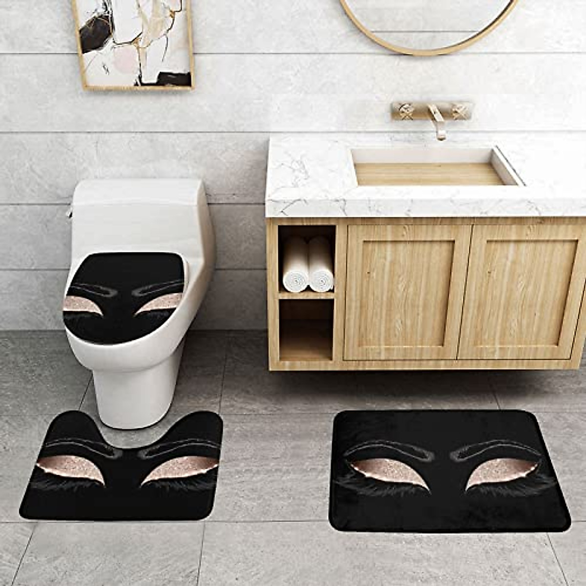 Eyelash Pattern Printed Bathroom Carpet Set Non-Slip Absorbent, Soft Washable Toilet Shower Mat Set, 3 Pc