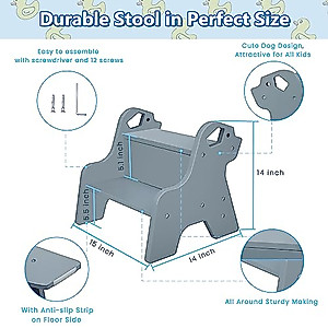 Jemyda 2 Step Stool for Kids, Toddler Step Stool for Bathroom Sink, Non-Slip Kid Stool for Toilet Potty Training, Durable Sturdy Step Stool for Kitchen (Grey Dog)