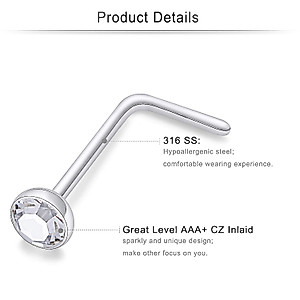 Cisyozi 18G Nose Rings Studs for Women Stainless Surgical Steel Stud Nose Ring Plastic Glow Dark Big Curved Nose Nostril Rings Bend L Shaped Pearl Nose Ring Piercing Jewelry Set Pack Men Diamond 3mm