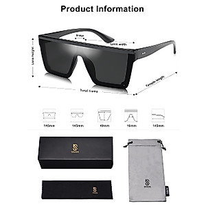 SOJOS Square Big Sunglasses Women Thick Frame Flat Top Mirrored Sunnies Shades Goggle Siamese Lens SJ2117 with Black Frame/Grey Lens