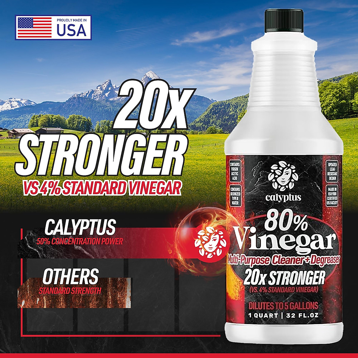 Calyptus 80% Concentrated Vinegar | Max-Performance (20X Power) | Pure Virgin Vinegar | Dynamic-Power | Home, Outdoor, Industrial Cleaner Concentrate | Makes 5 Gallons | USA Made | 32 Ounces