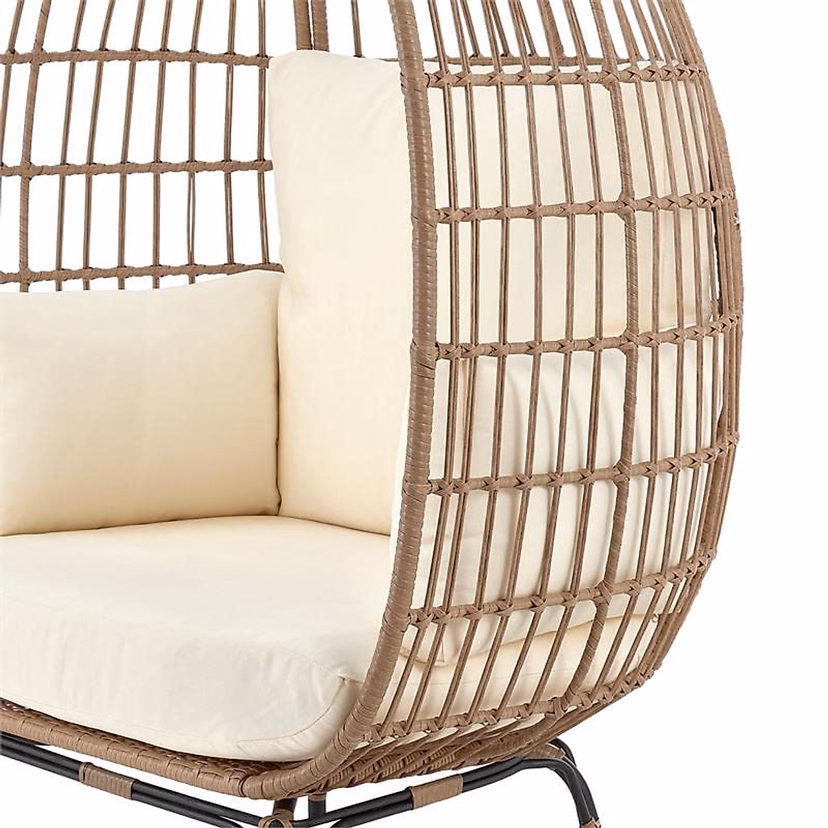 Manhattan Comfort Spezia Freestanding Steel and Rattan Outdoor Egg Chair with Cushions, Tan and Cream