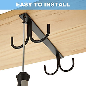 ABuff 6 Pack Cabinet Hook Mug Holder - Hanging Coffee Cup Rack for Kitchen, 24 Hooks Under Cabinets Metal Hangers Organizer Shelf Storage Utensil (Black)