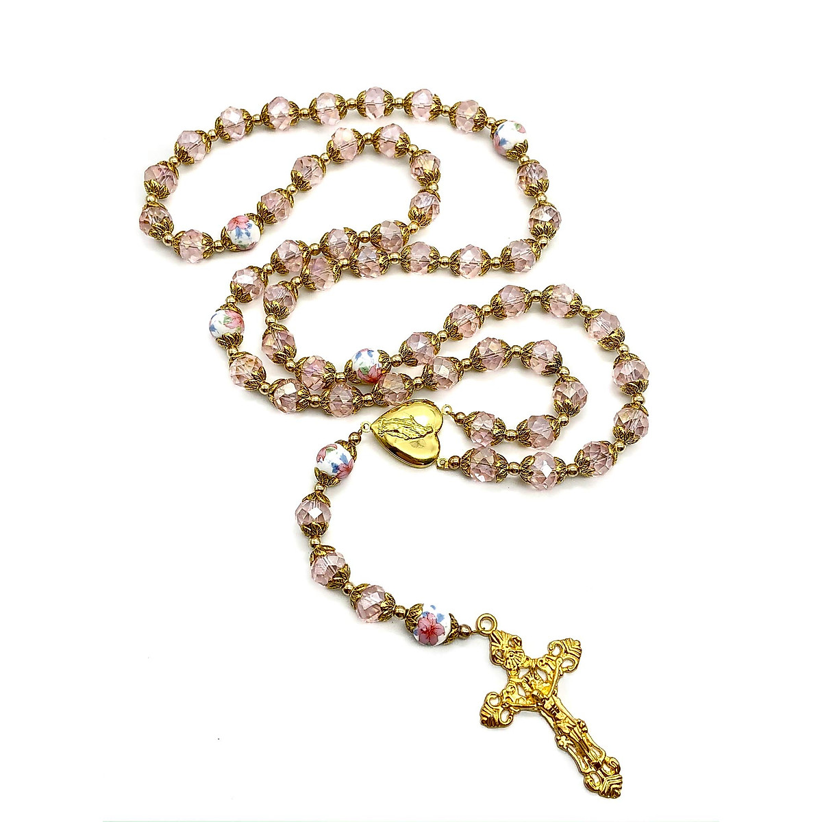 Nazareth Store Catholic Pink Crystal Beads Gold Rosary Flowers Beaded Necklace Holy Mary Heart Locket Medal & Cross Religious Amulet for Women