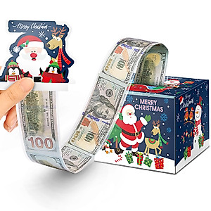 Christmas Money Box for Cash Gift Pull, Money Holder Cash Gift for Kids Adults, DIY Fun Holiday Cash Box, Surprise Gift Box for Parents, Lovers and Friends, Includes 50Pcs Transparent Bags (Blue)