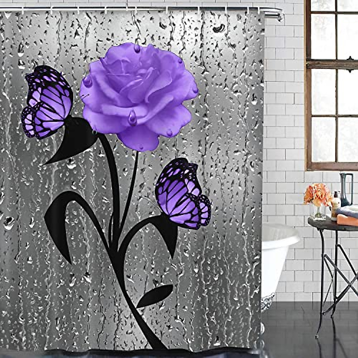ArtSocket 4 Pcs Shower Curtain Set Purple Rose Floral Flowers Abstract Colorful with Non-Slip Rugs Toilet Lid Cover and Bath Mat Bathroom Decor Set 72" x 72"
