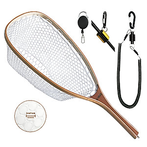 ONROCL Fly Fishing Net Trout Net with Magnetic Release and Rod Holder Wooden Frame Landing Net with Soft Rubber Mesh for Catch and Release (Clear Small Holes)