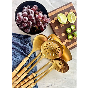 Bamboo Stainless Steel Cooking Tools Utensils Stainless - Brass/Gold Cooking and Serving Utensils - Gold Kitchen Utensils - Bamboo Wood Handled Gold Kitchen Utensils For Gold Kitchen