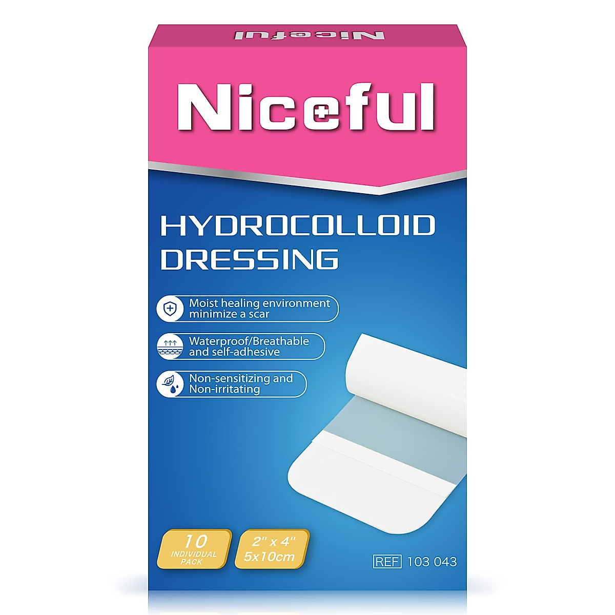 Niceful 10 Pack Hydrocolloid Bandages Large, 2"x4" Hydrocolloid Dressing Extra Thin for Light Exudate, HSA FSA Eligible, Large Hydrocolloid Bandages Fast Healing