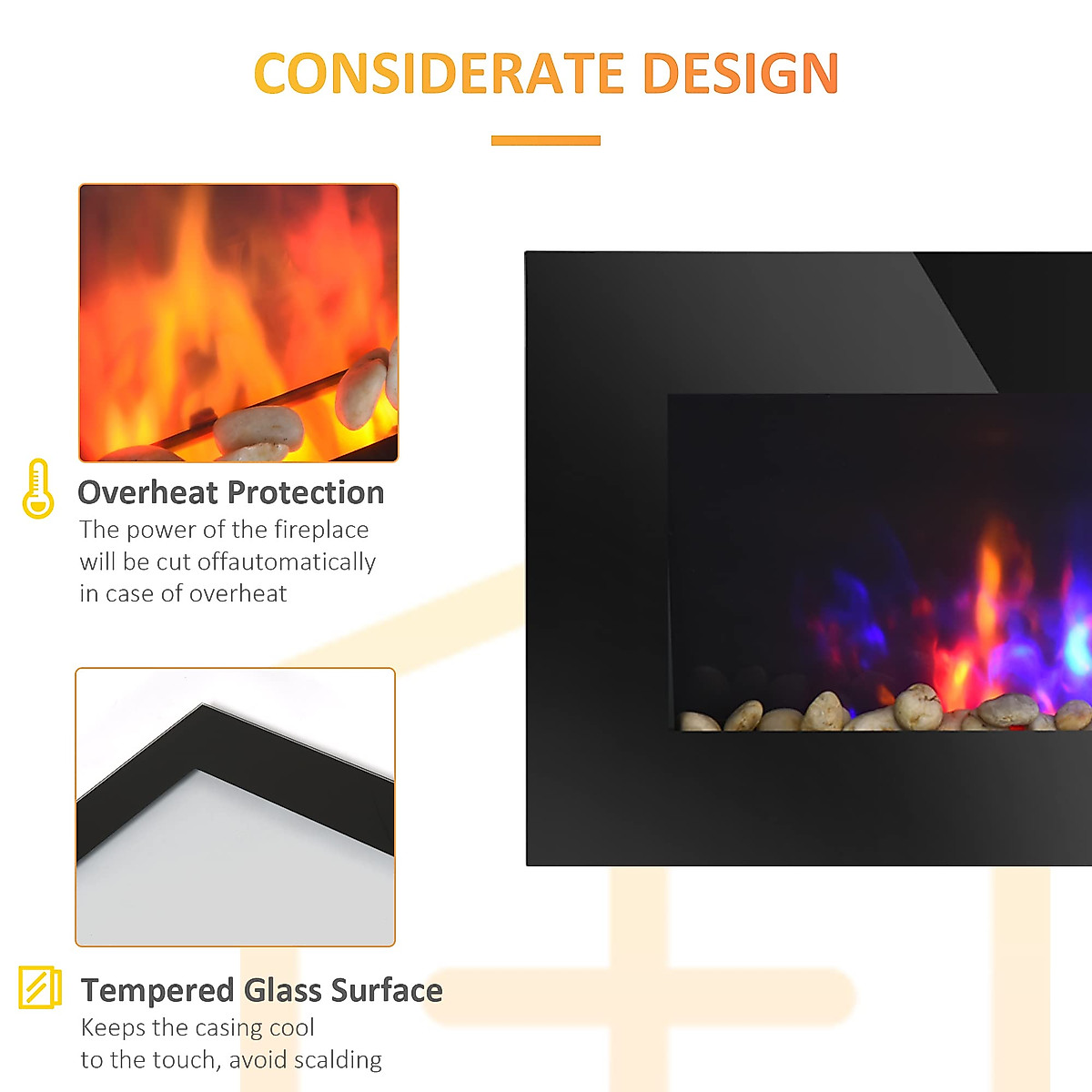 HOMCOM 28.5" 1500W Electric Wall-Mounted Fireplace with Flame Effect, 7 Color Background Light, Black