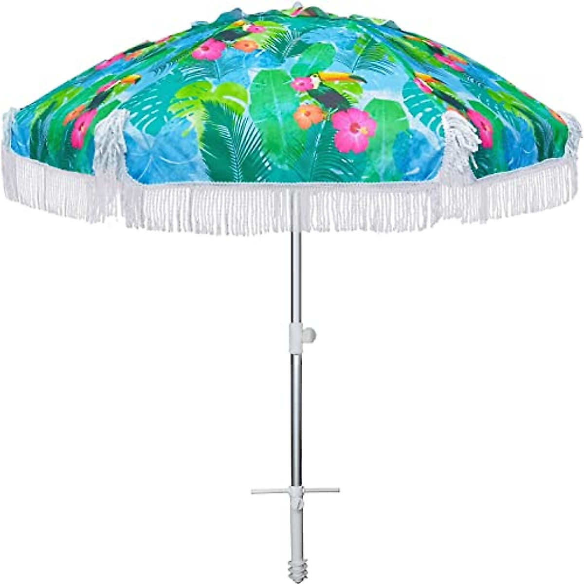 AMMSUN 6.5ft Heavy Duty HIGH Wind fringe Beach Umbrella with sand anchor & Tilt Sun Shelter , UV 50+ Sun Protection Outdoor Sunshade Umbrella with Carry Bag for Patio Garden Beach Pool Backyard Sports Multicolor Green