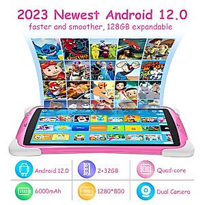 Kids Tablet, 10 Inch Tablet for Kids, Android 12, Parental Control, Kid Content Pre-Installed, 2GB 32GB(SD to 128GB), 6000 mAh Battery, Eye Protection Mode, Google Store, with Stand, Pink