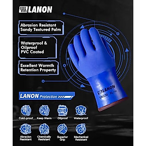 LANON PVC Coated Cold Proof Heavy Duty Gloves, Waterproof Warm Work Gloves for Freezer Work, Chemical & Oil Resistant, Non-Slip, XL