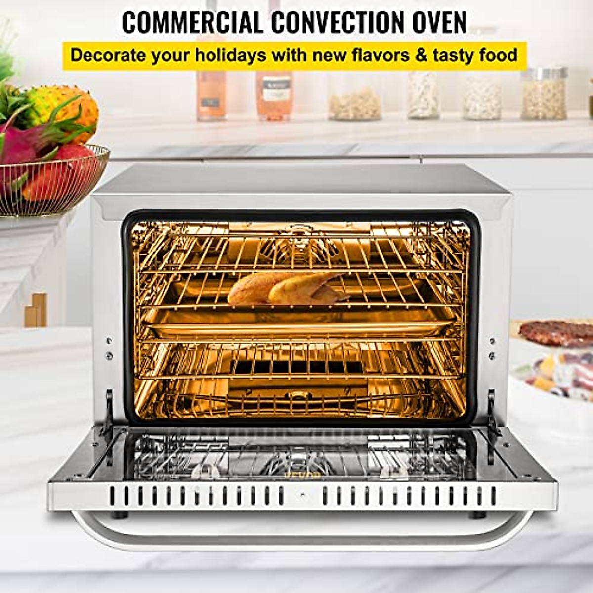 VEVOR Commercial Convection Oven, 66L/60Qt, Half-Size Conventional Oven Countertop, 1800W 4-Tier Toaster w/ Front Glass Door, Electric Baking Oven w/ Trays Wire Racks Clip Gloves, 120V
