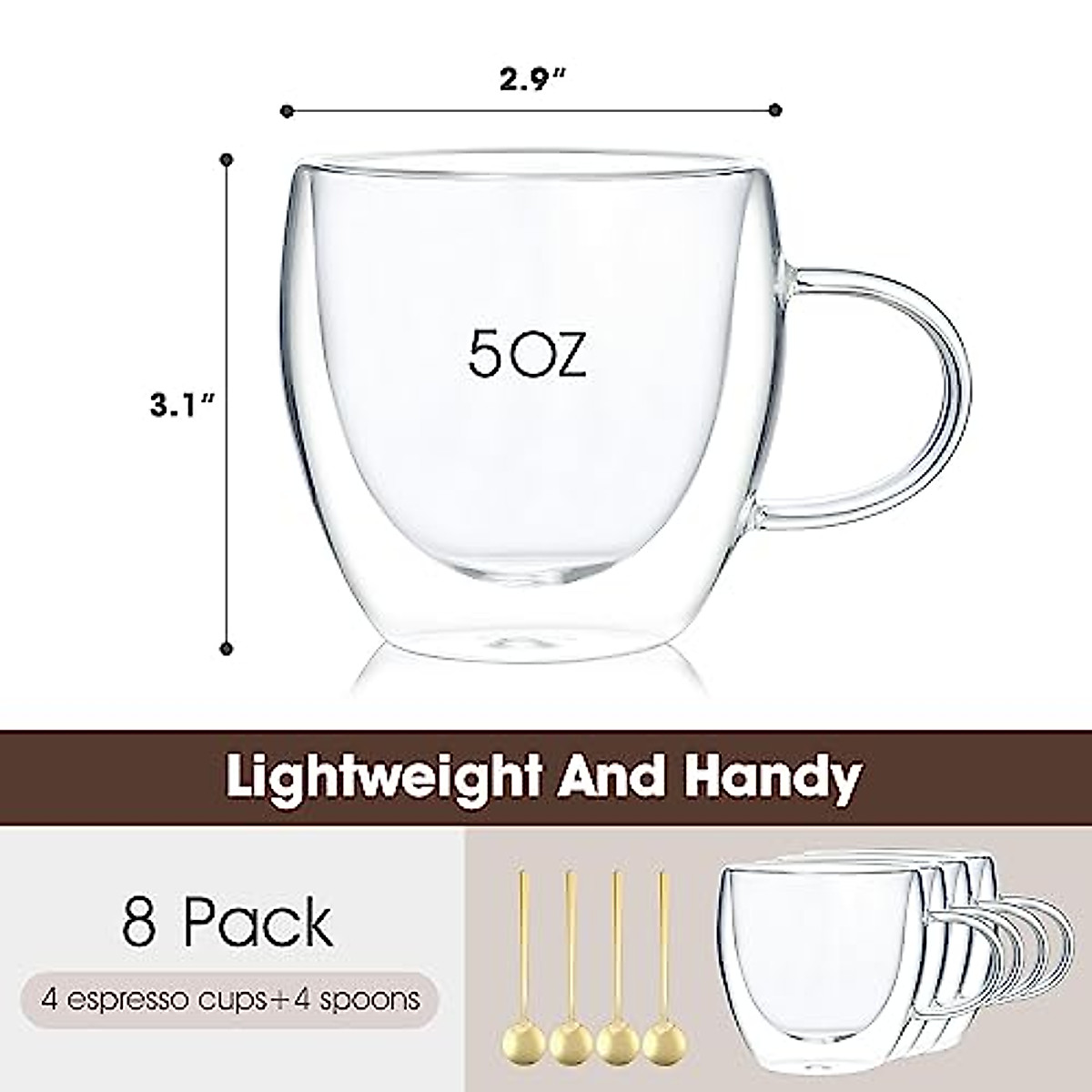 VENVENWEAVS Espresso Cups Set Of 4,Double Wall 5OZ Hand Blown Espresso Shots Glass,Espresso Coffee Mugs In Gift Box,Perfect For Espresso,Latte, Cappuccinos, Tea Bag, Juice