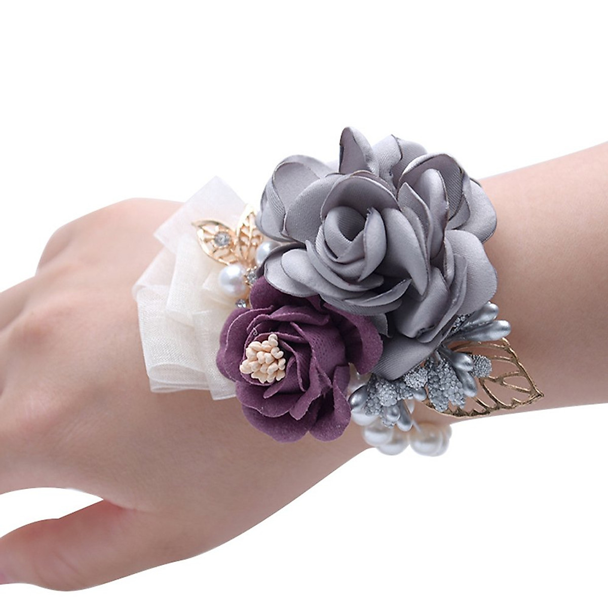 Fiwisora Satin Rose Wedding Bridal Corsage Bridesmaid Wrist Flower Corsage Flowers Pearl Bead Wristband for Wedding Prom Party Homecoming 2 pcs-Grey Wrist Corsage