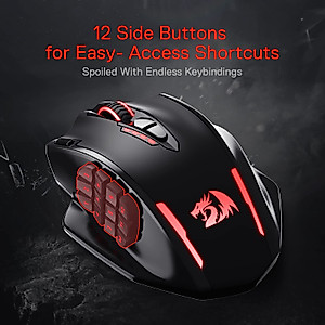 Redragon M913 Impact Elite Wireless Gaming Mouse, 16000 DPI Wired/Wireless RGB Mouse with 16 Programmable Buttons, 45 Hr Battery and Pro Optical Sensor, 12 Side Buttons MMO Mous