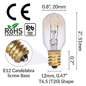 Simba Lighting T6.5 25W Replacement Bulb (6 Pack) for Himalayan Salt Rock and Basket, Plug in Aromatic Wax Warmer, Night Light, Mini Tube Shape, 120V, E12 Candelabra Base, Dimmable, 2700K Warm White