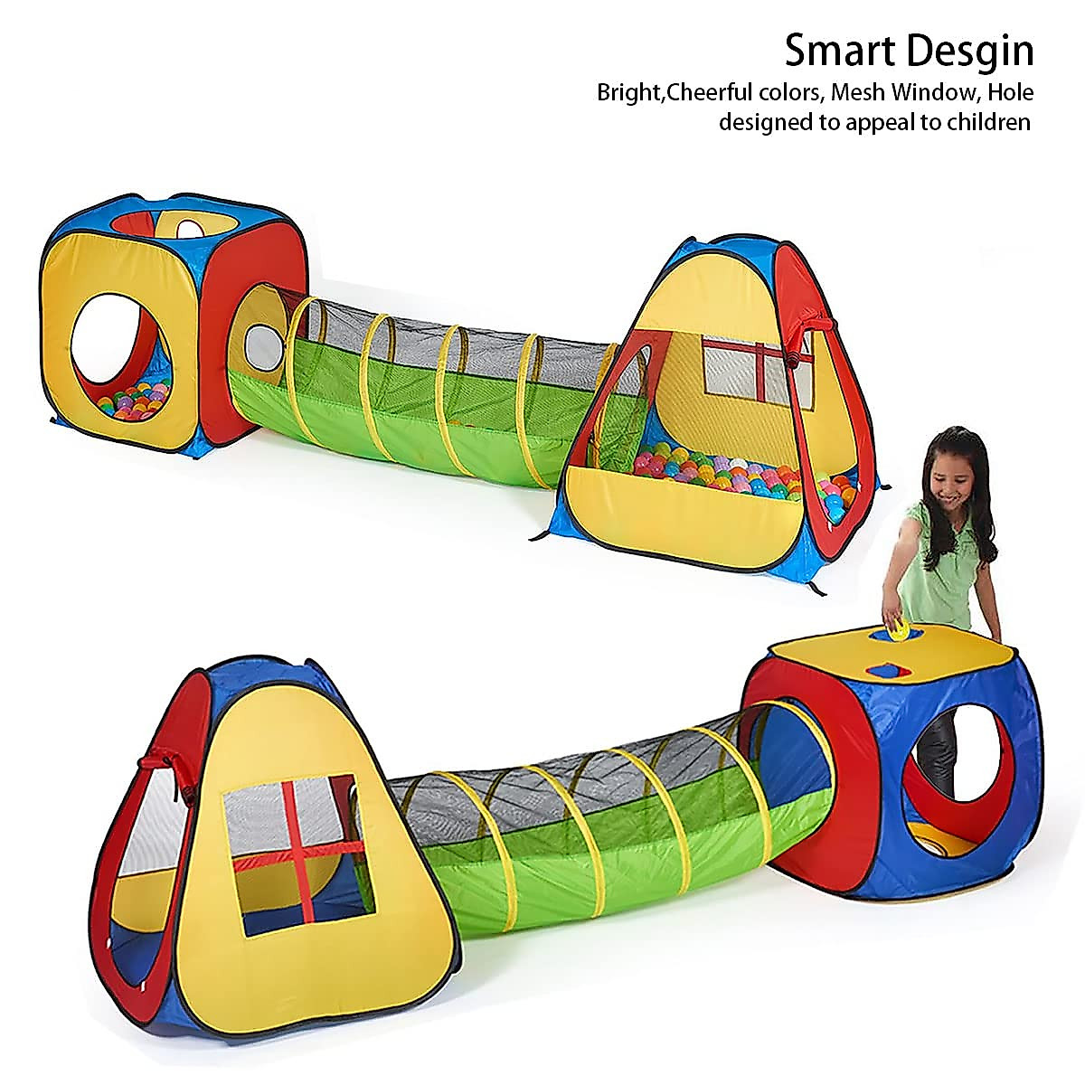 UTEX 3 in 1 Pop Up Play Tent with Tunnel, Ball Pit for Kids, Boys, Girls, Babies and Toddlers, Indoor/Outdoor Playhouse，Yellow