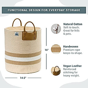 South of Maine Large Blanket Basket with Vegan Leather Handles. Cotton Rope Basket for Blankets, Laundry, Toys, Throw Pillows, Towels. Large Storage Basket for Living Room, Bedroom, Nursery. 14.5x16"