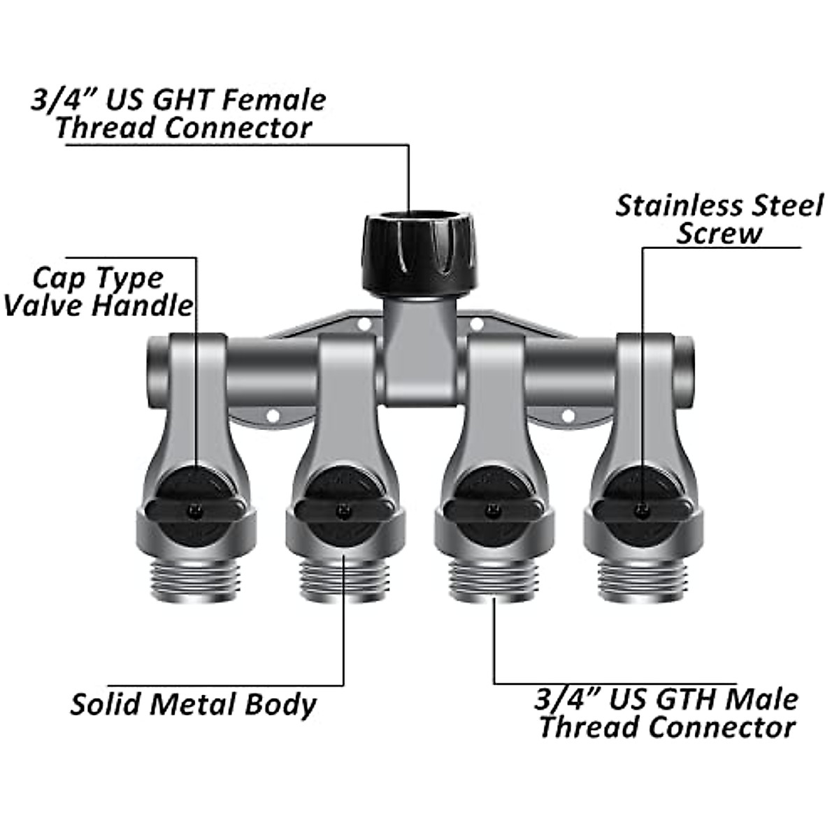 STYDDI Full Flow 4-Way Garden Hose Splitter, Metal High-Flow Four Way Shutoff Garden Hose Splitter, Professional Water Hose Manifold, High Flow Outdoor Spigot 4 Splitter with Cap Type Valve