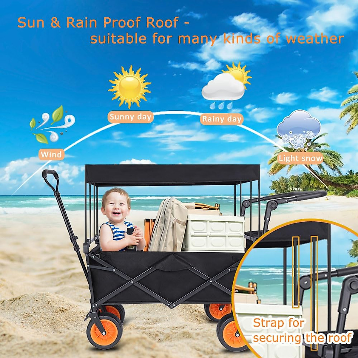 Swity Home Kids Wagon Stroller Wagons with Canopy, Seat Belt, Wheel Locks, Adjustable Handles - Firm Toddler Baby Wagon Collapsible Camping Cart Push Wagon Beach Cart for Picnic Camping