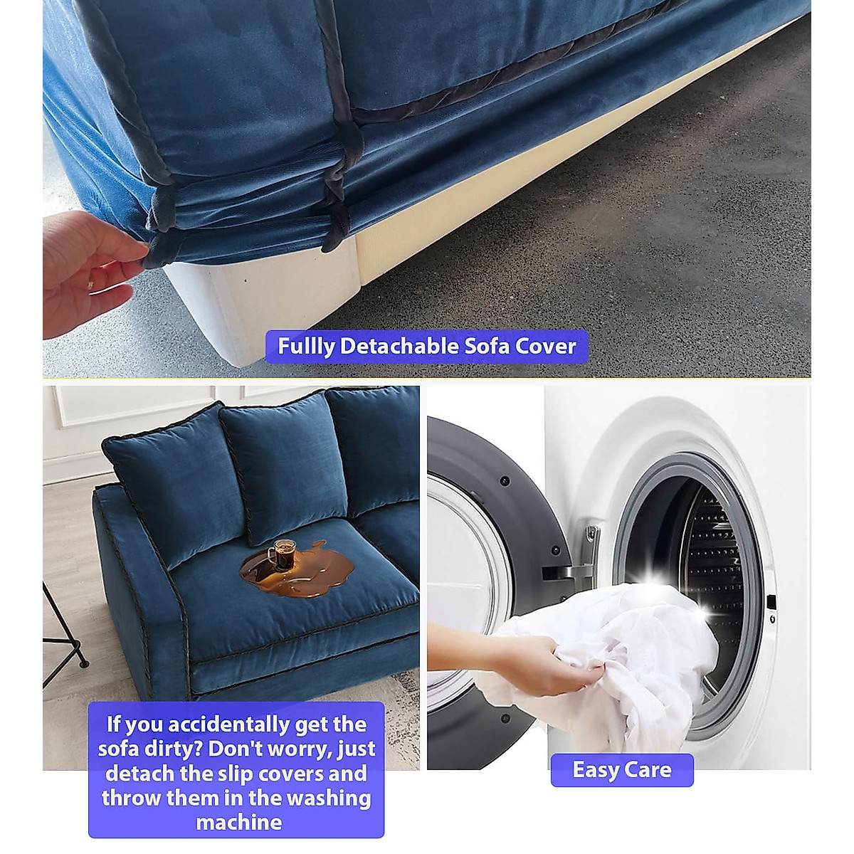 LULUTONG 83.5" Upholstered Velvet Fabric Romovable Covers Sofa, 3 Seater Cozy Couch Washable Covers, Comfy Slip Cover Sofas Couches for Living Room, Bedroom, Office, Studio, Apartment - Navy