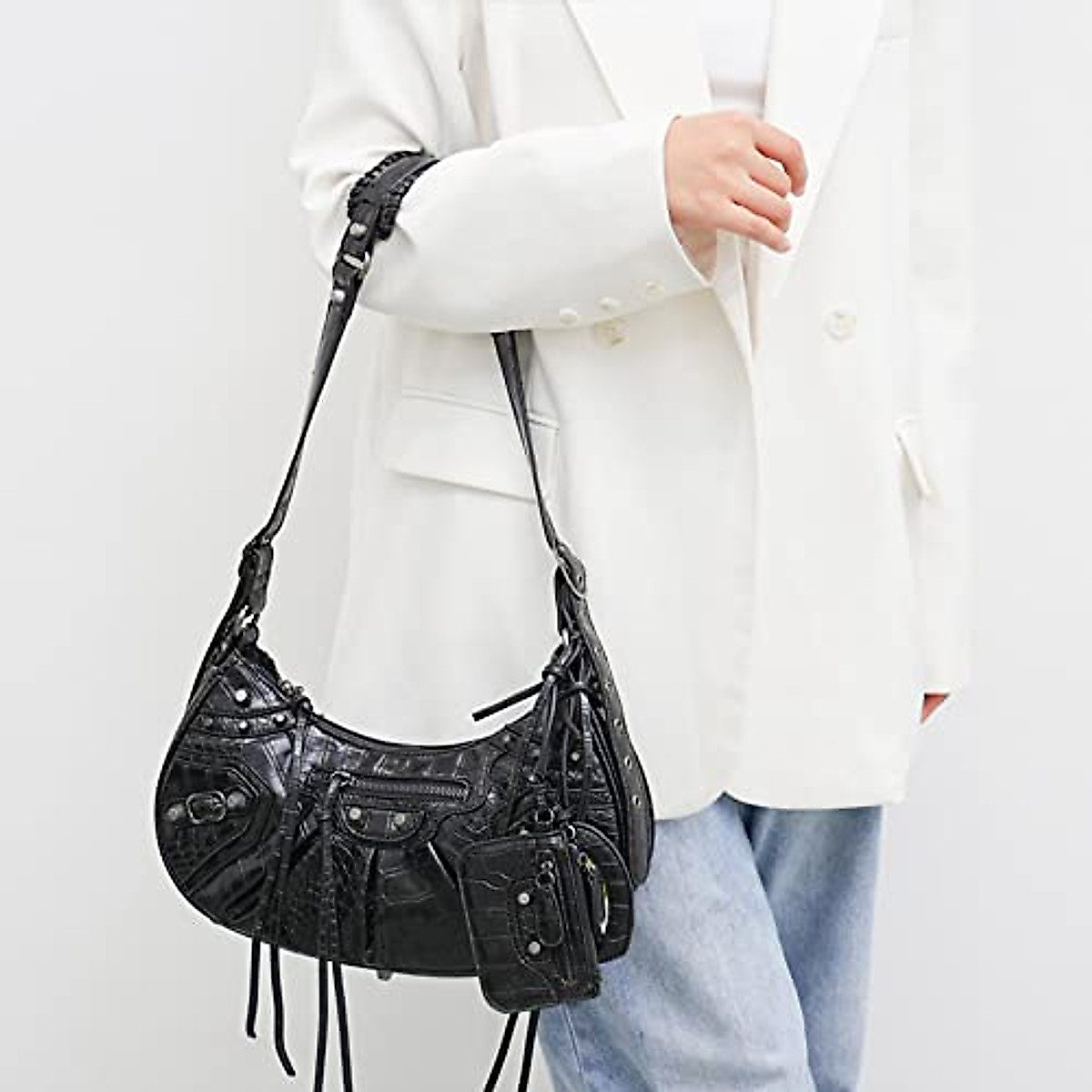 Women Punk Style Rivet Satchels Handbags Riveted Shoulder Messenger Bag Half-Moon Bag With Mirror And Card Hobo Bags