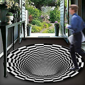 3D Visual Illusion Area Rug, 3D Carpet Bottomless Hole Optical Illusion Area Rug Printed Carpet, Black White Geometric Floor Rugs Mat, for Living Home Bedroom Dining Room Decor(Size:100x100cm)