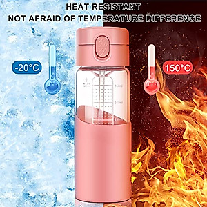 Glass Water Bottle with Straw,Handle Lid and Measurement Scale Silicone Sleeve , Portable Transparent Leak Proof Handy Cup Container for Sport Outdoors Vacation Travel Office ,450ML/15oz (Pink)