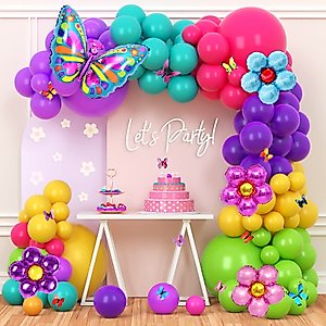 Magic Balloon Garland Kit Assorted Colors Latex Balloons Arch with Colorful Butterfly Flower Foil Balloons Butterfly Stickers for Birthday Wedding Bridal Shower Baby Shower Decorations Party Supplies