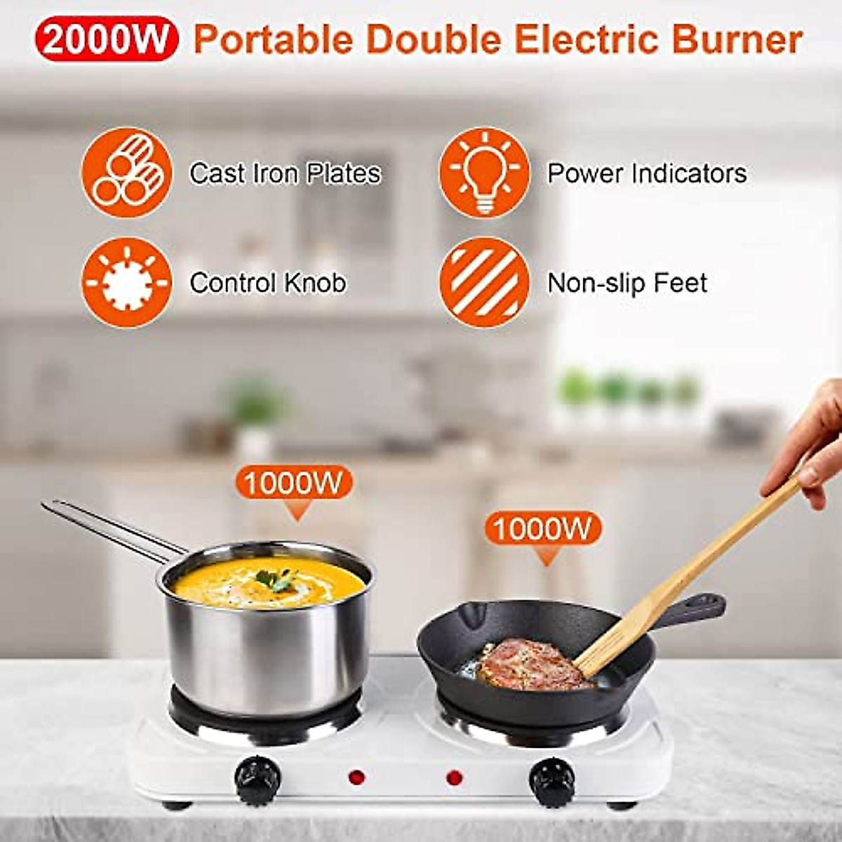 TeqHome Hot Plate, 2000W Portable Induction Cooktop Double Burner with Dual Control & 5 Level Temperature Control, Easy to Clean, Lightweight Cast Iron Electric Stove for Kitchen Camping Cooking, 110V
