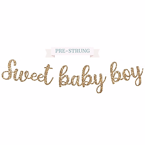 Pre-Strung Sweet Baby Boy Banner - NO DIY - Gold Glitter Baby Shower Gender Reveal Party Banner For Boy - Pre-Strung Garland on 8 ft Strand - Baby Shower Party Decorations. Did we mention no DIY?