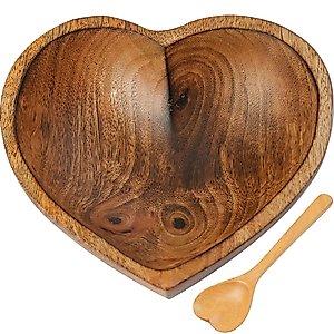 Heart Shaped Wood Bowl Wooden Bowls and Heart Shaped Spoons - Rustic Heart Bowls Decorative - for Cereal, Soup, Smoothie, Salad and Dessert (8" Set of 1)