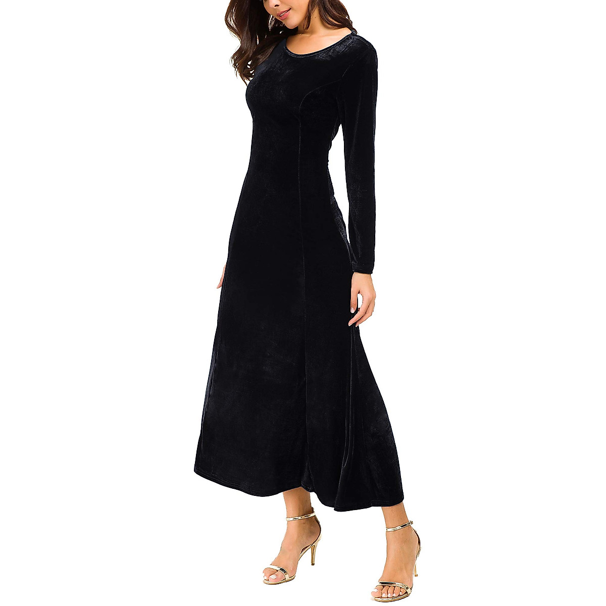 Urban CoCo Women's Elegant Long Sleeve Ruched Velvet Stretchy Long Dress (XL, Black)