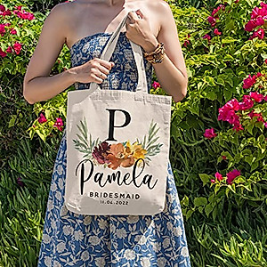 Single, Floral Totes for Bridesmaid Personalized, Initial Tote Bag w/Name - 8 Flowers, Monogrammed Bridal Shower Bags, Bridesmaid Gifts