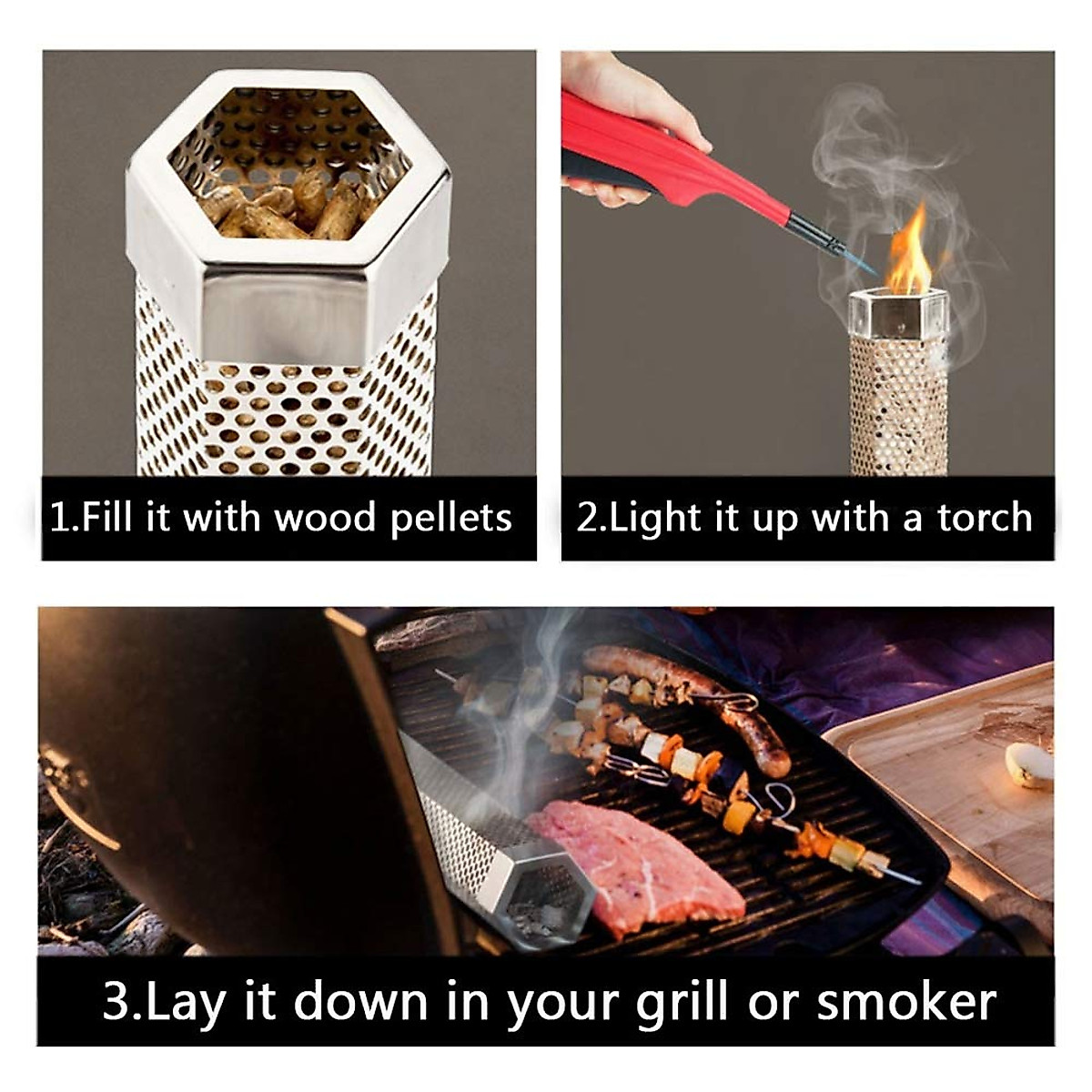 Pellet Smoker Tube, Hexagonal Stainless Steel Portable BBQ Smoking tube Generator Electric Charcoal Gas Grill Smoker