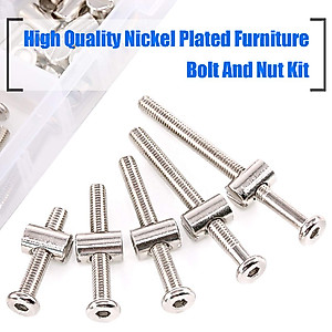 Glarks 100Pcs M6 x 35/45/55/65/75mm Hex Drive Socket Cap Furniture Barrel Screws Bolt Nuts Assortment Kit for Furniture, Cots, Babybeds, Crib, Chairs - Nickel Plated