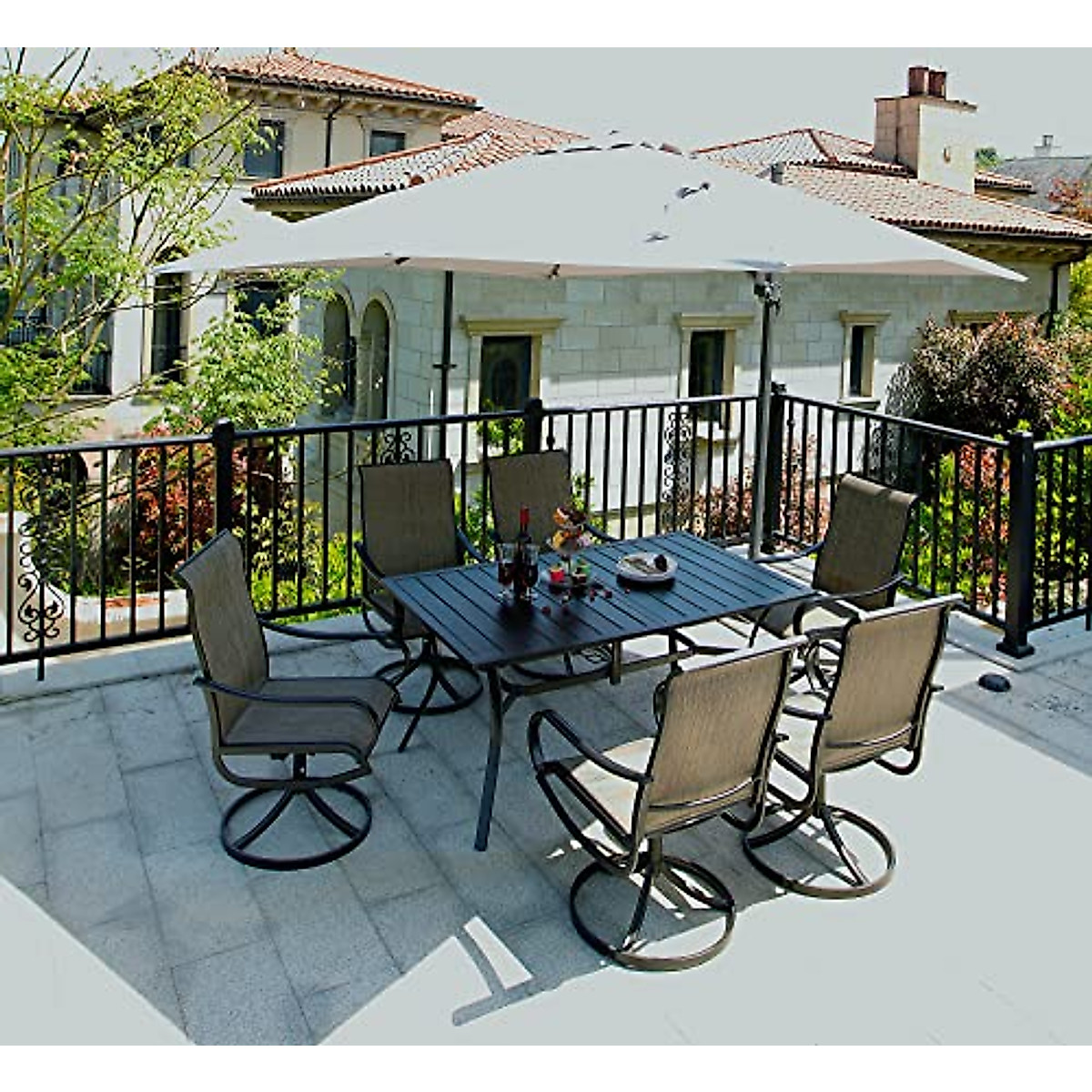 MEOOEM Patio Dining Set of 7, Outdoor 6 High Back Swivel Rock Chairs with Arms and 63 inch Rectangle Dining Table with 1.57" Umbrella Hole for Backyard Garden Bistro