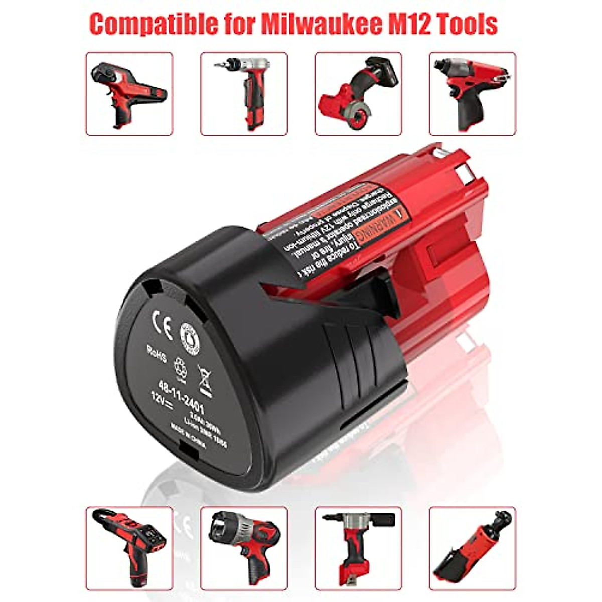 JYJZPB 2 Pack 3000mAh 12V Lithium Battery Replace for Milwaukee 12V Battery, Compatible for Milwaukee M12 Battery 12 Volt Cordless Tools 48-11-2401 48-11-2412 48-11-2411 48-11-2420 48-11-2440